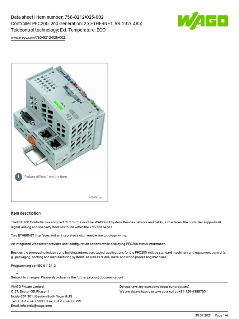 Data Sheet - Item Number: 750-8212/025-002 Controller PFC200 2nd ...