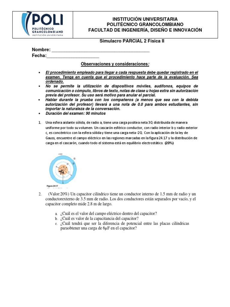 Simulacro Parcial Física II: Examen Teórico | PDF | Condensador | Resistencia Eléctrica y ...