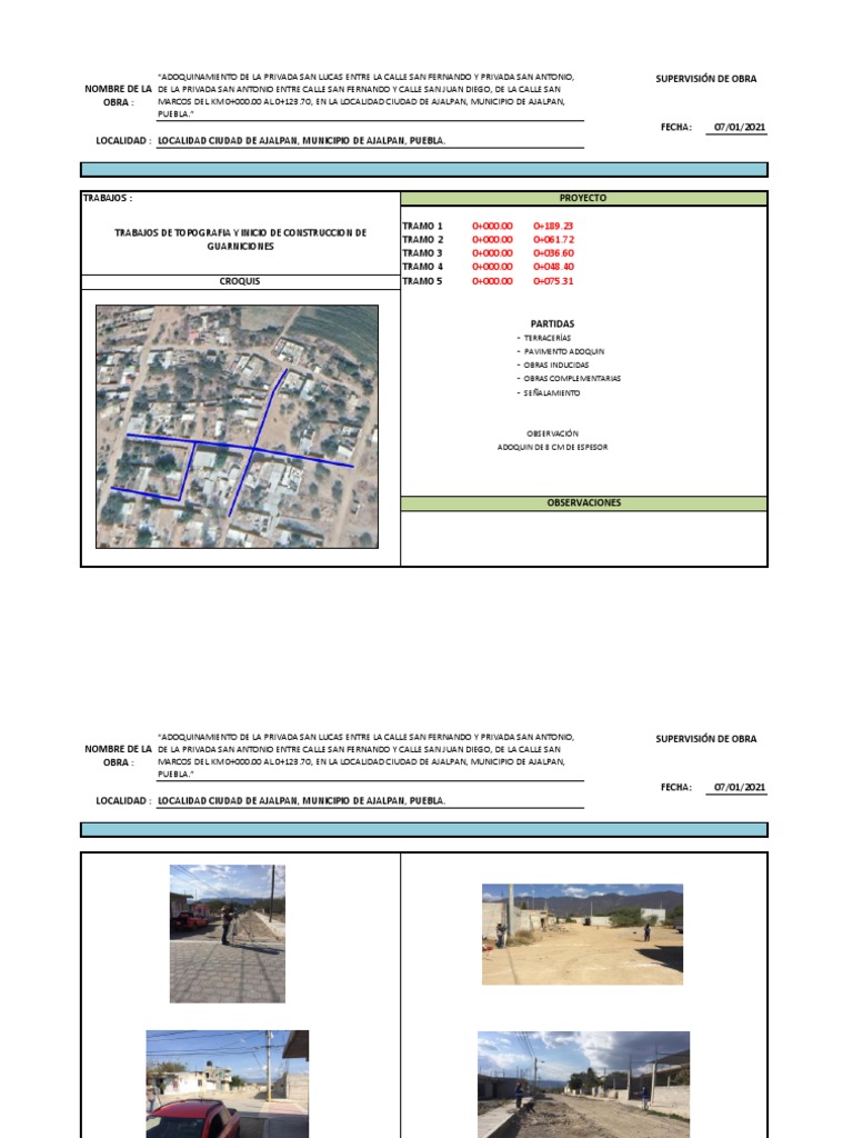 Reporte de Visita de Obra Adoquinamiento en Ajalpan Topo y Guar | PDF