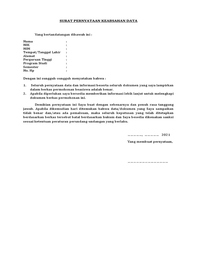 Contoh Format Surat Keabsahan Data | PDF