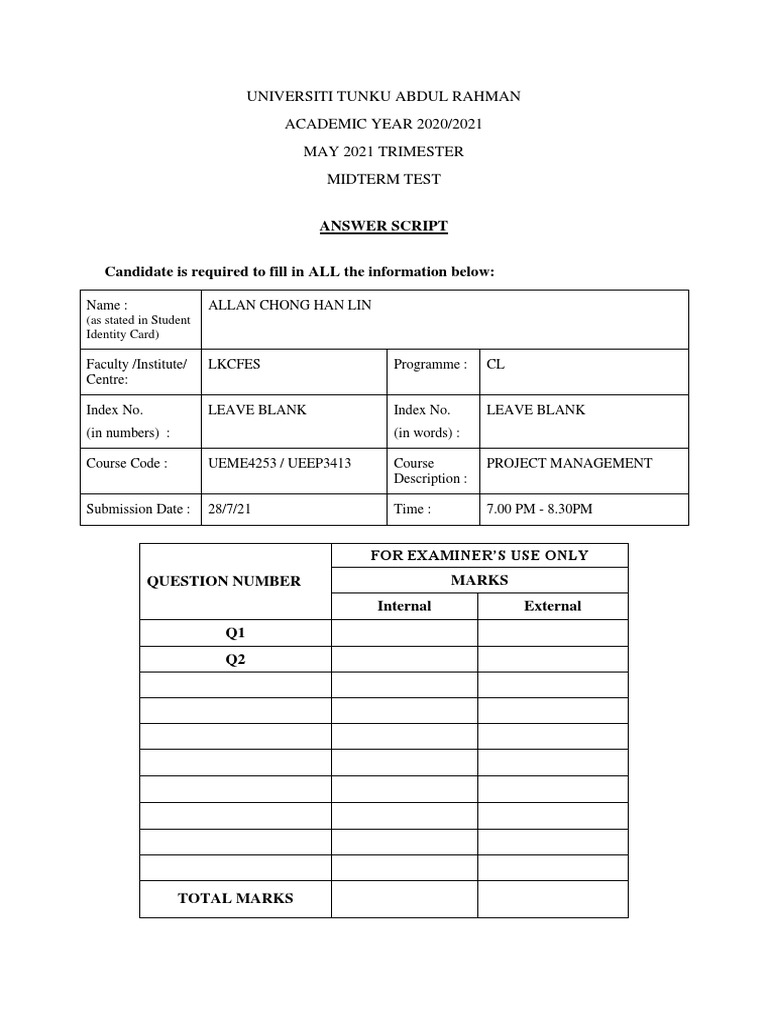 Answer Script: Universiti Tunku Abdul Rahman ACADEMIC YEAR 2020/2021 ...