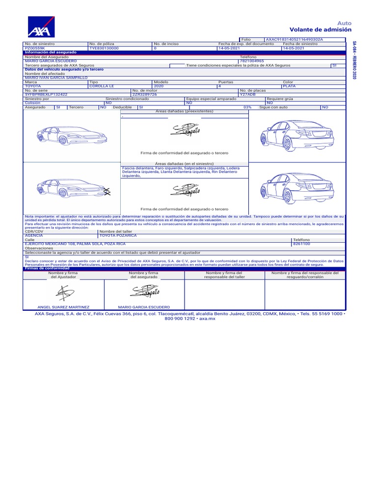 Volante de Admisión Del Vehículo | PDF | Póliza de seguros