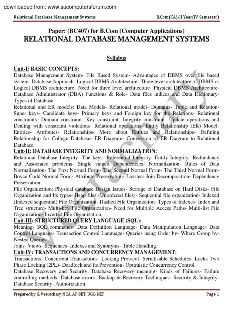 Veerachary CBCS RDBMS IV SEM-watermark | PDF | Relational Database | Databases
