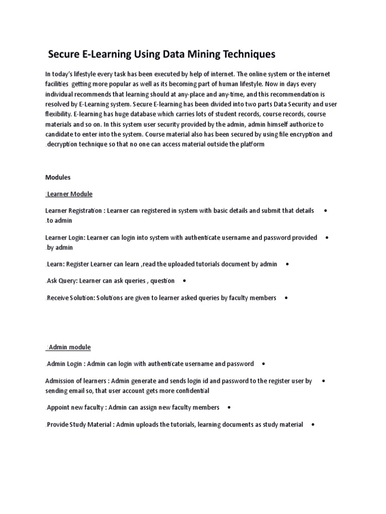 Secure E Learning Using Data Mining Techniques Modules Pdf Educational Technology User