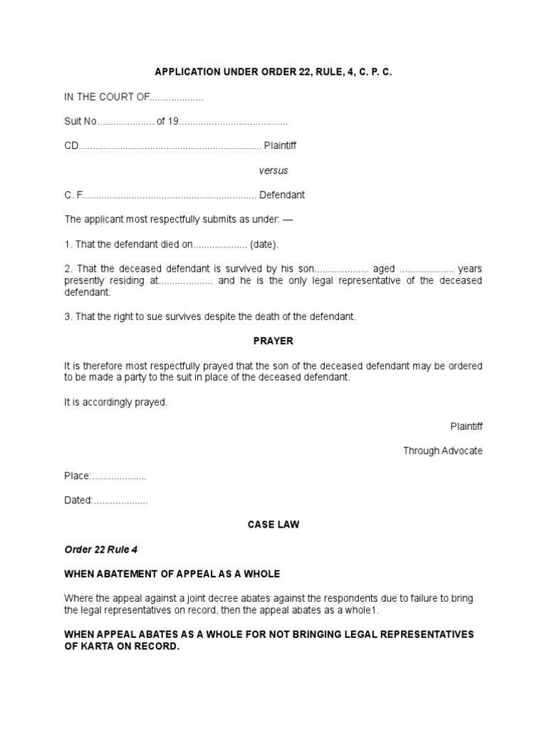 Application Under Order 22, Rule, 4, C. P. C. | PDF | Lawsuit ...