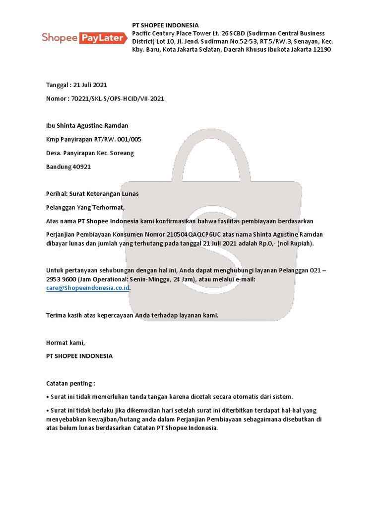 Surat Keterangan Lunas Shopee Paylater | PDF