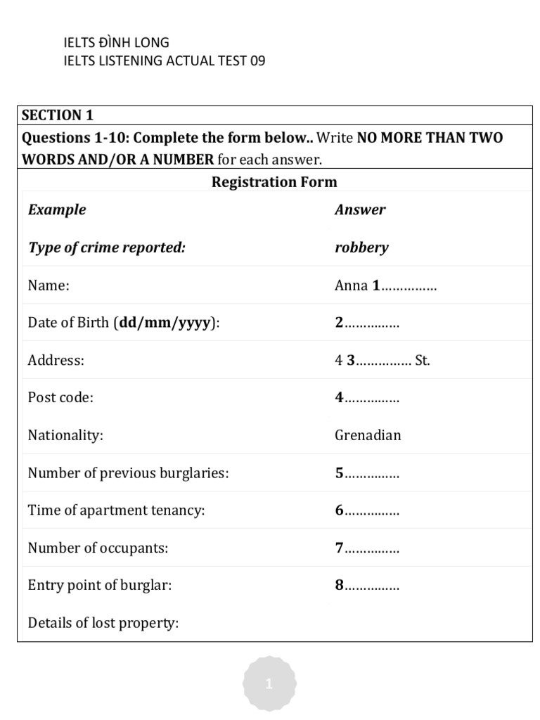 Section 1 Questions 1-10: Complete The Form Below.. Write NO MORE THAN ...