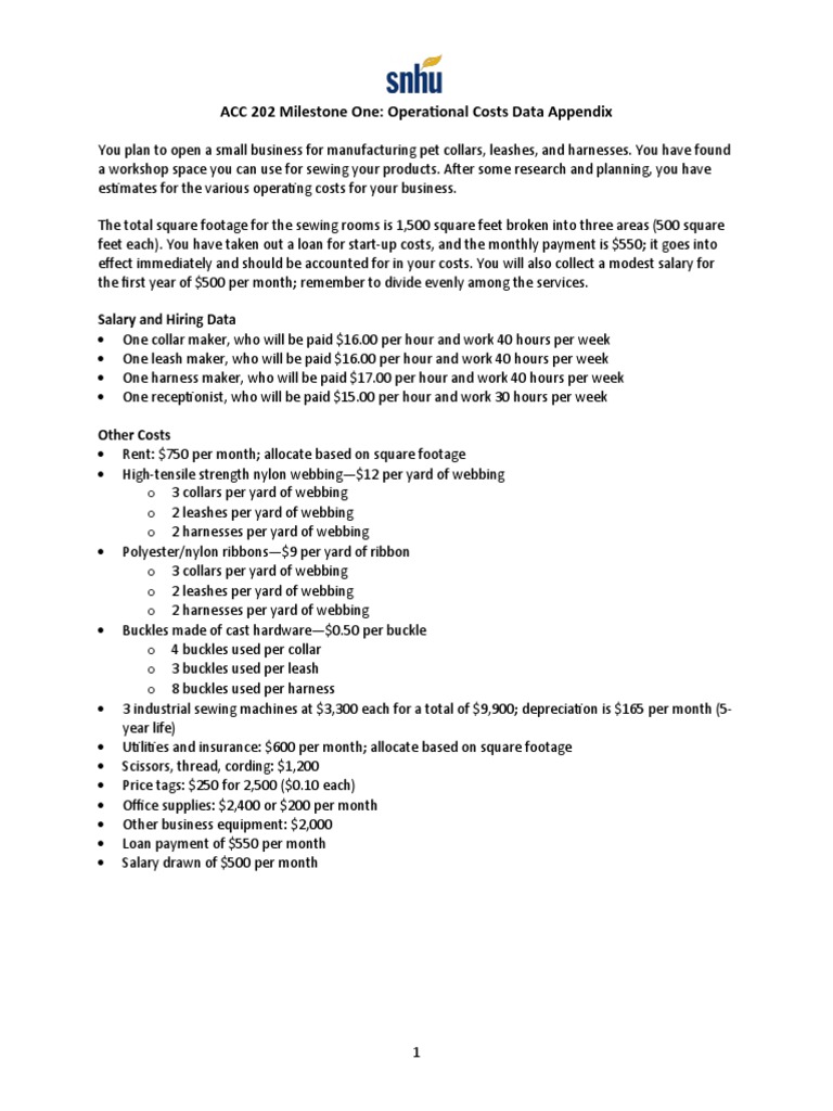 ACC 202 Milestone One Operational Costs Data Appendix | PDF