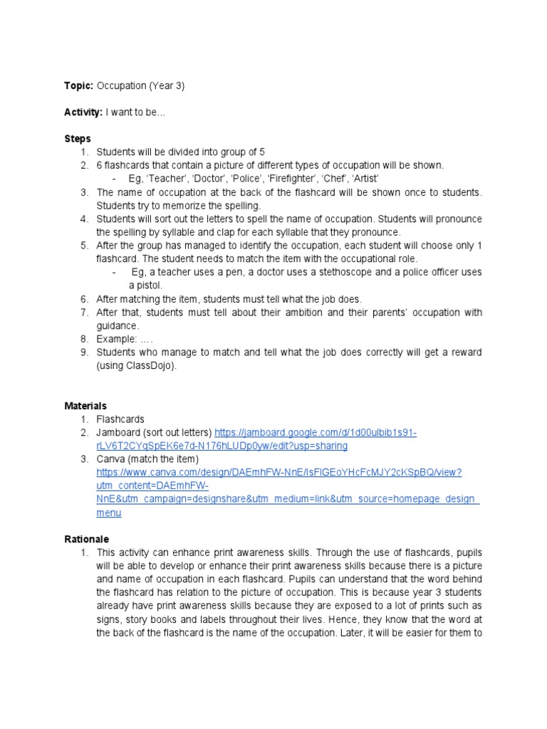Topic: Occupation (Year 3) Activity: I Want To Be... Steps | PDF ...