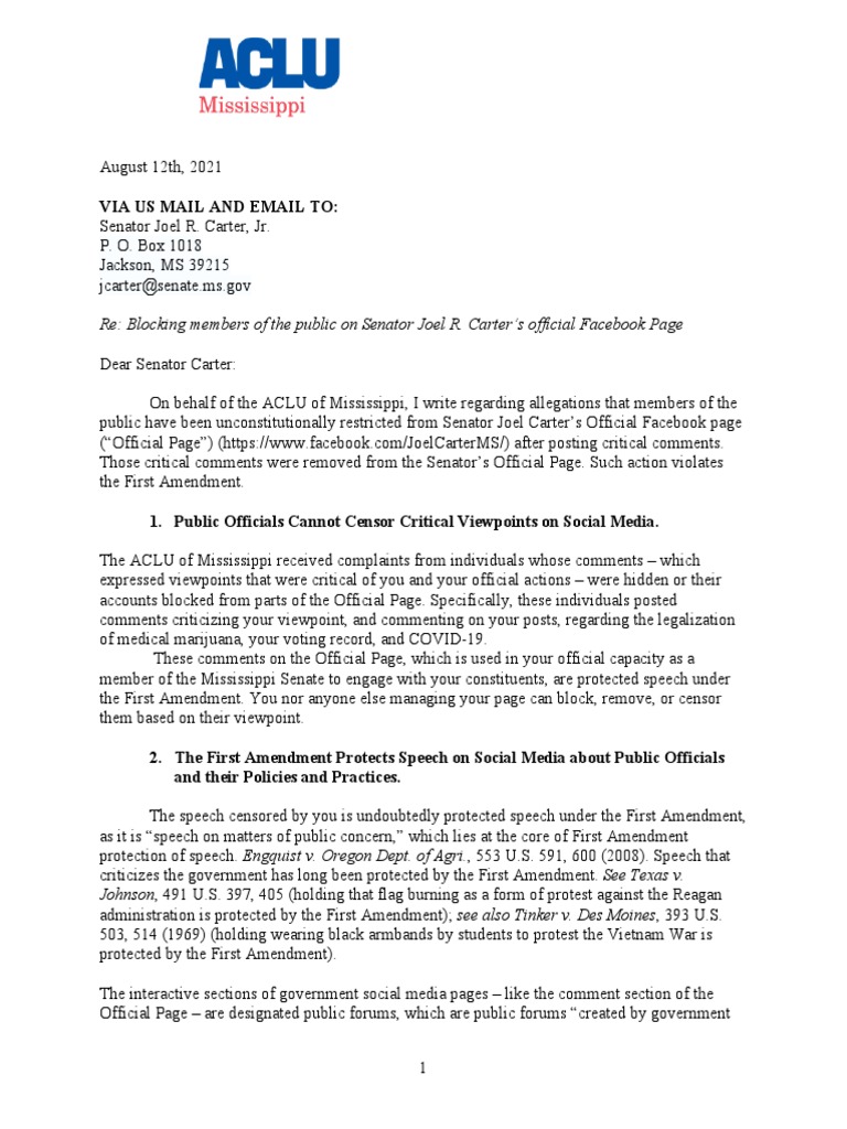 ACLU Demand Letter Joel Carter | PDF | First Amendment To The United ...