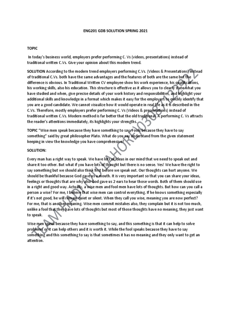 Eng201 GDB Solution | PDF | Thought | Knowledge