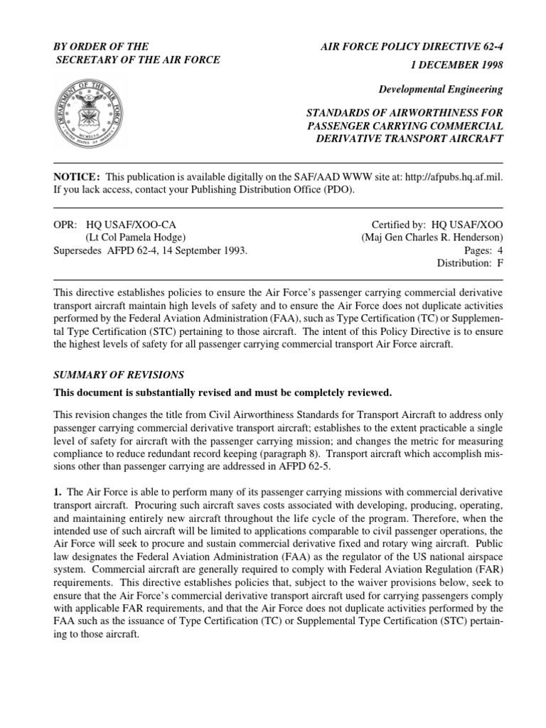 AFPD 62-4 Standards of Airworthiness For Passenger Carrying Commercial ...