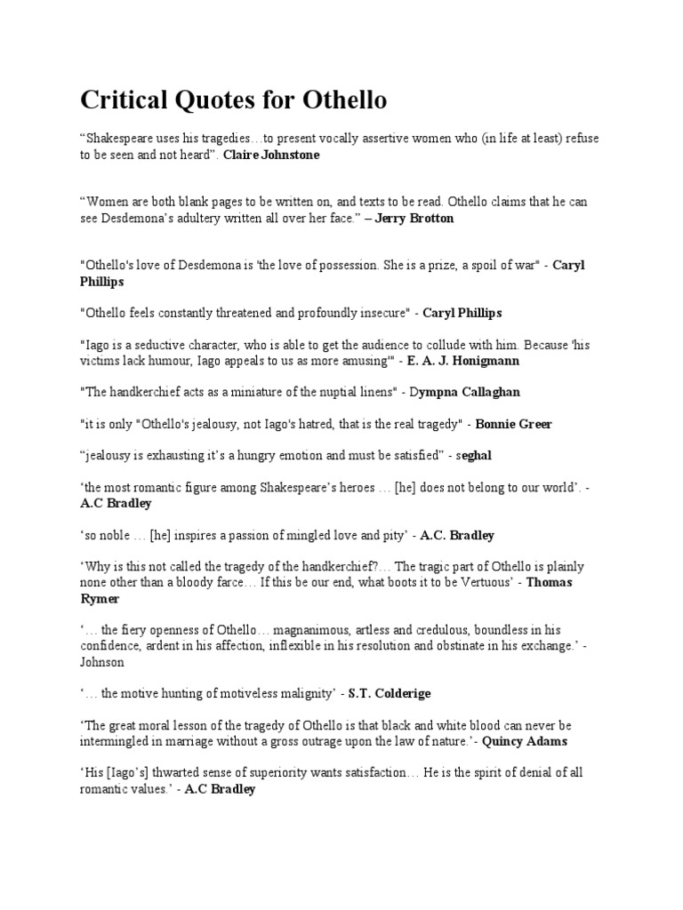 Critical Quotes For Othello | PDF | Othello | Shakespearean Tragedies