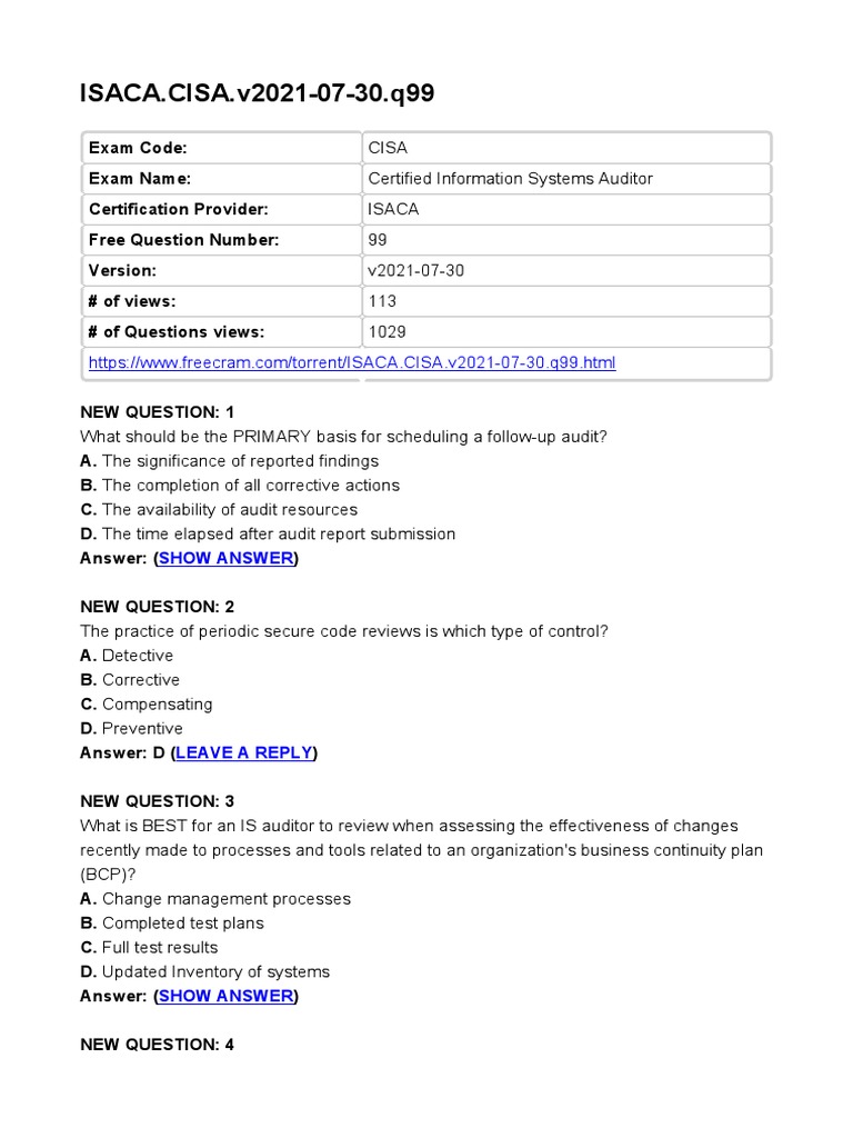 ISACA - CISA.v2021-07-30.q99: Show Answer | PDF | Information Security ...