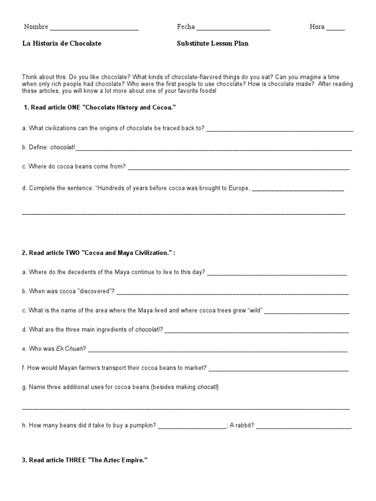 Pinnola Sub Lesson Plan 2 Chocolate | PDF | Chocolate | Cocoa Bean