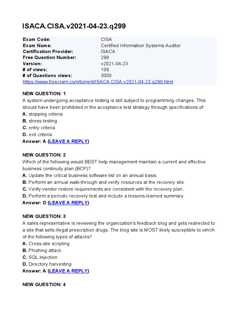 ISACA CISA v2021-04-23 q299 | PDF | Audit | Cloud Computing