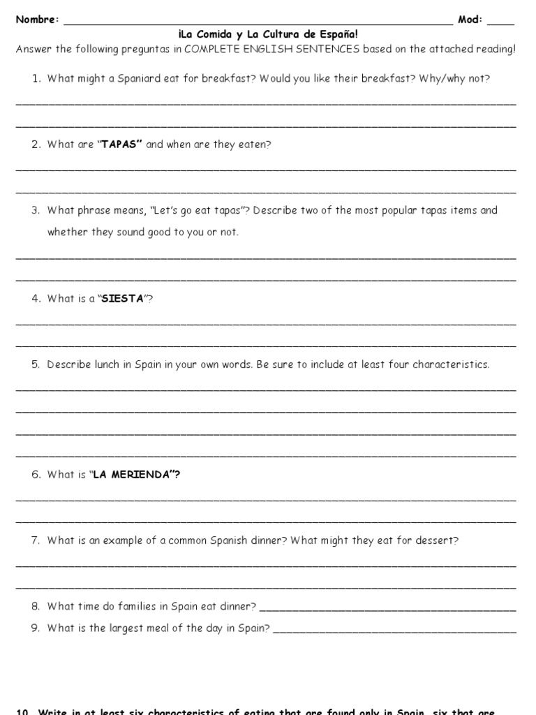 Meals and The Culture of Spain Worksheet | PDF | Meal | Lunch