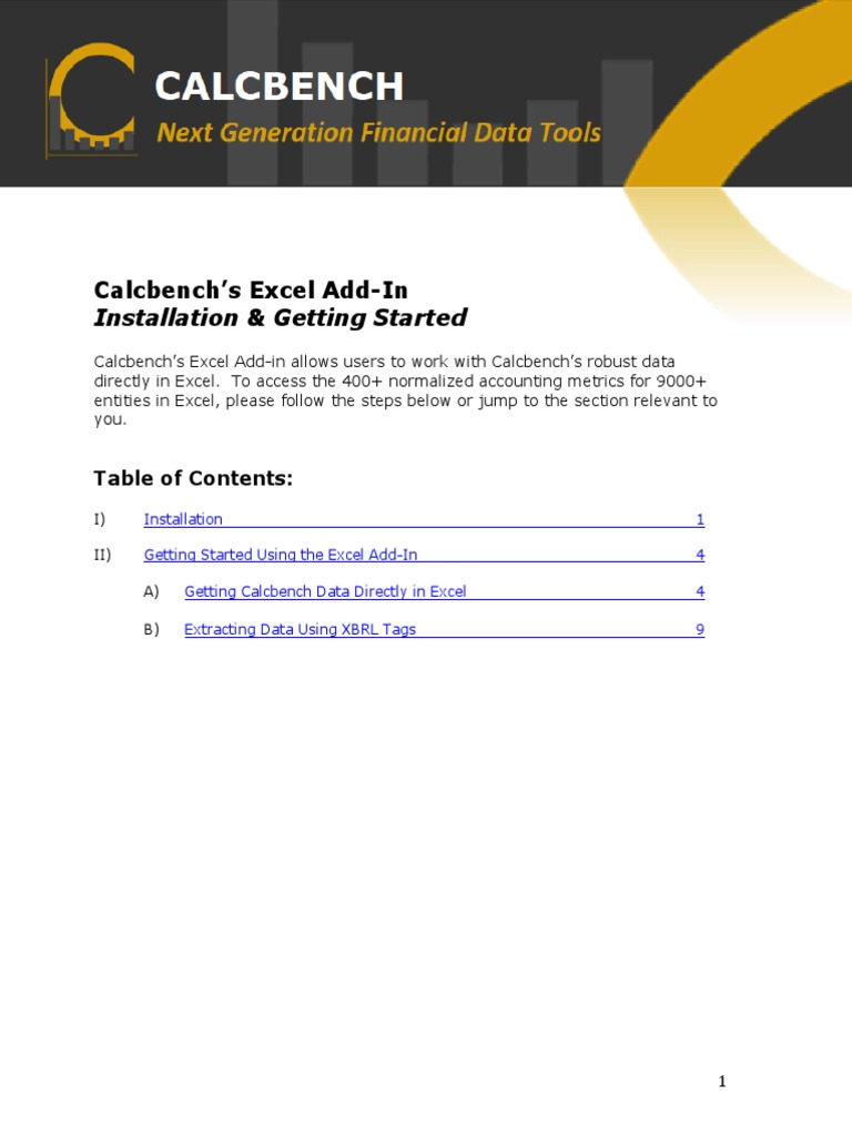 Calcbench's Excel Add-In: Installation & Getting Started | PDF | Microsoft Excel | Login