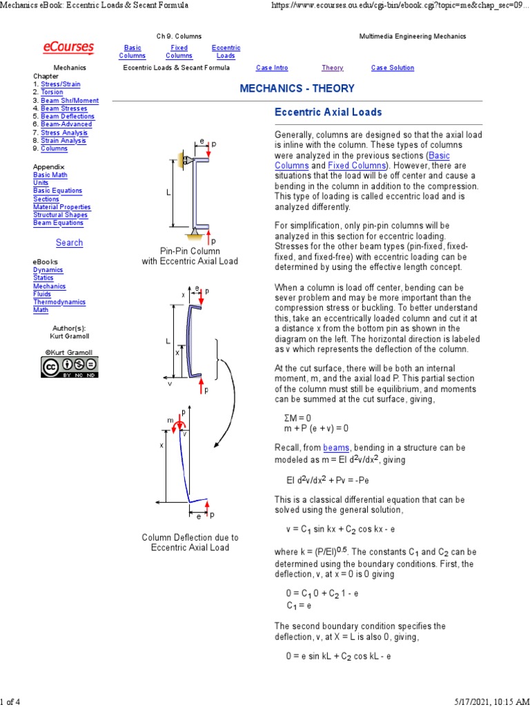 Eccentric Loads & Secant Formula | PDF | Beam (Structure) | Buckling
