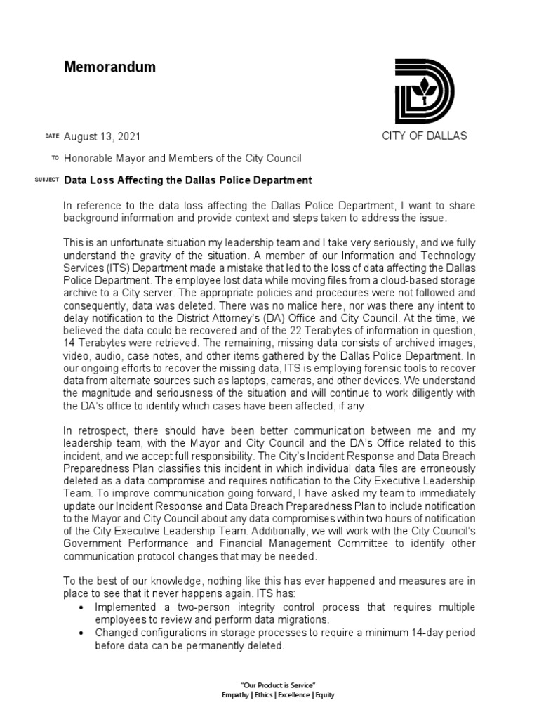 Data Loss Memo - Dallas | PDF | Computer File | Information