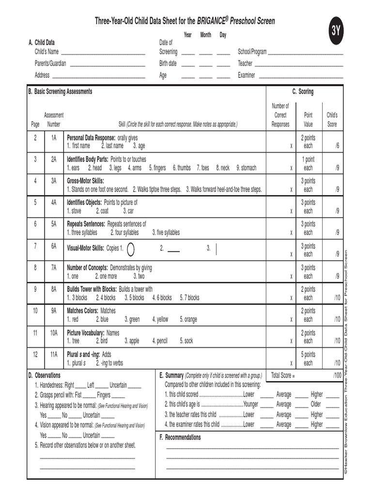Three-Year-Old Child Data Sheet For The BRIGANCE | PDF