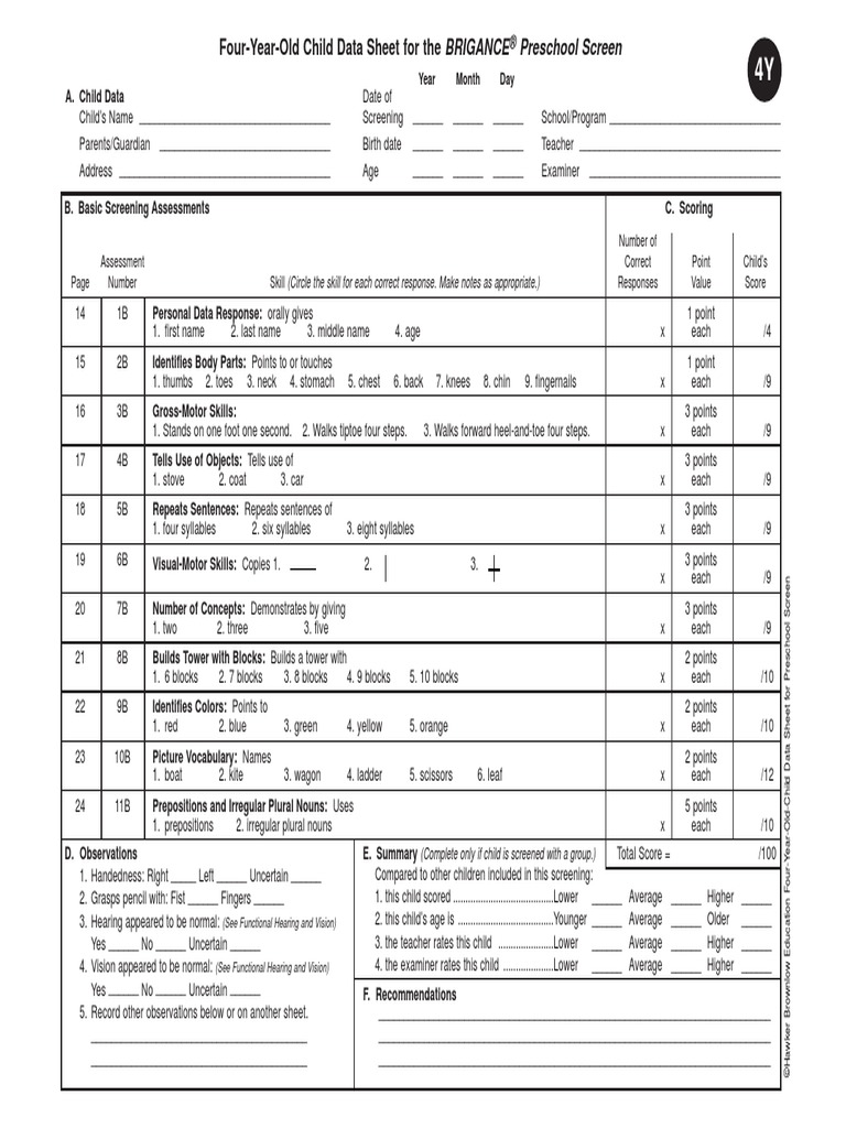 Four-Year-Old Child Data Sheet For The BRIGANCE | PDF | Cognition ...