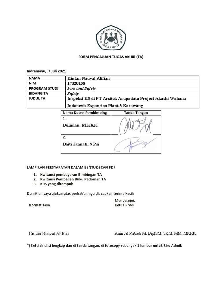 FORM PENGAJUAN TA KINTAN NAUVAL ALIFIAN PT Arsitek Arupadatu | PDF