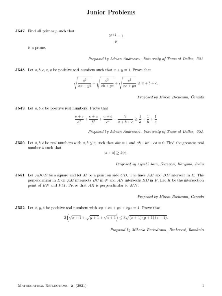 Junior Problems: Mathematical Reflections (2021) 1 | PDF | Triangle | Mathematics