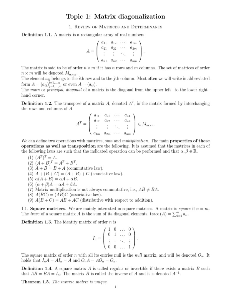 Topic 1: Matrix Diagonalization | PDF | Eigenvalues And Eigenvectors | Matrix (Mathematics)