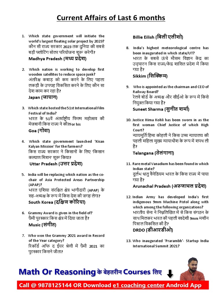 One Liner Current Affairs Last 6 Months | PDF