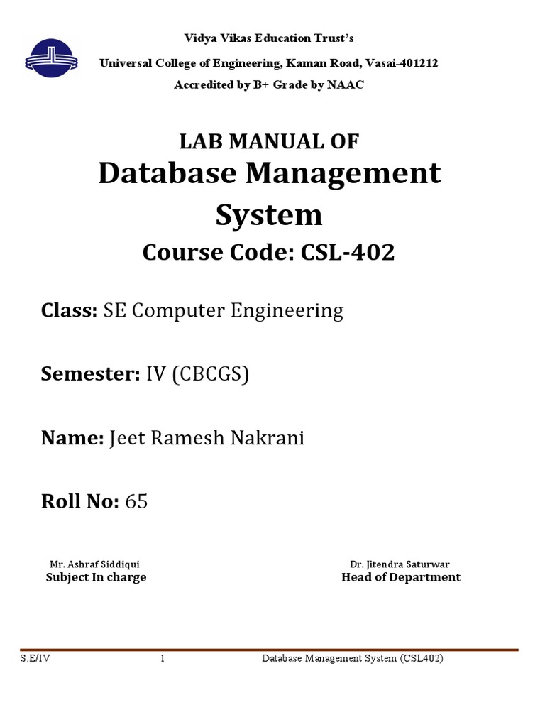 Database Management System: Course Code: CSL-402 | PDF | Database ...