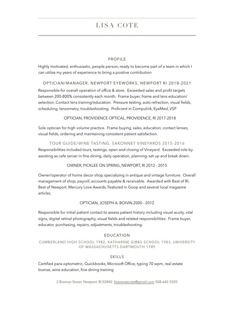 Lisa Cote Resume | PDF | Vision | Optics