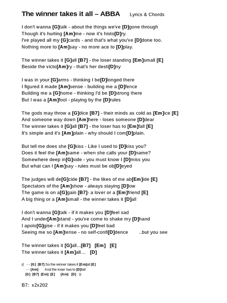 The Winner Takes It All - ABBA - Lyrics & Chords | PDF
