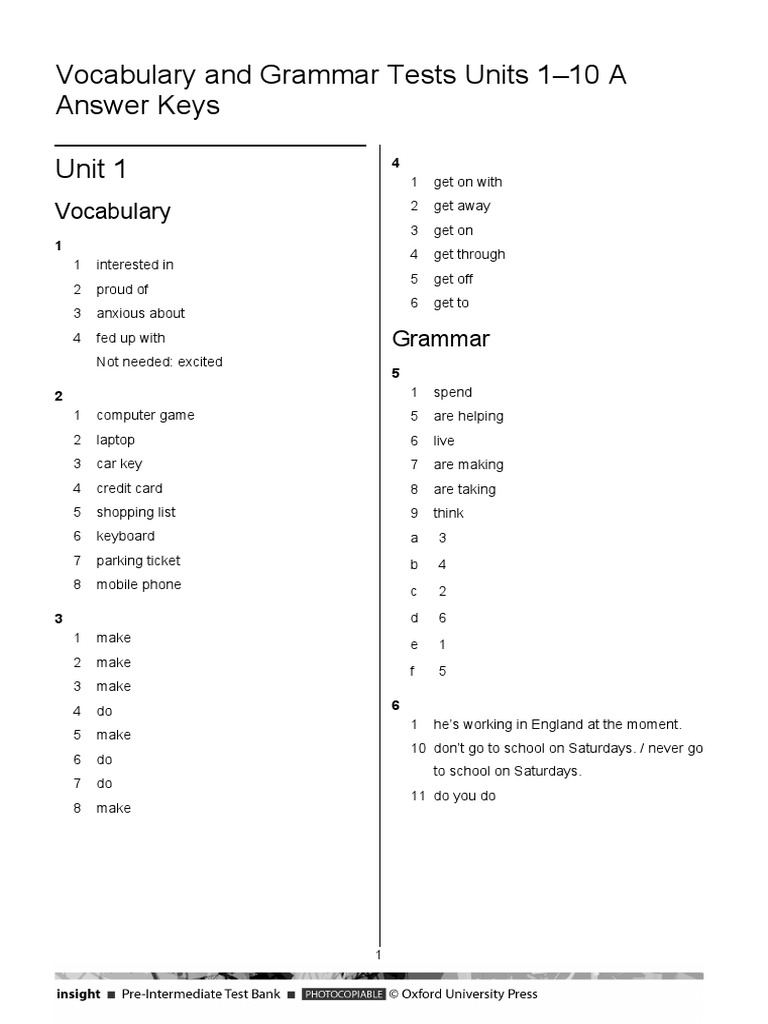 Vocabulary + Grammar 1-10 A Answer | PDF