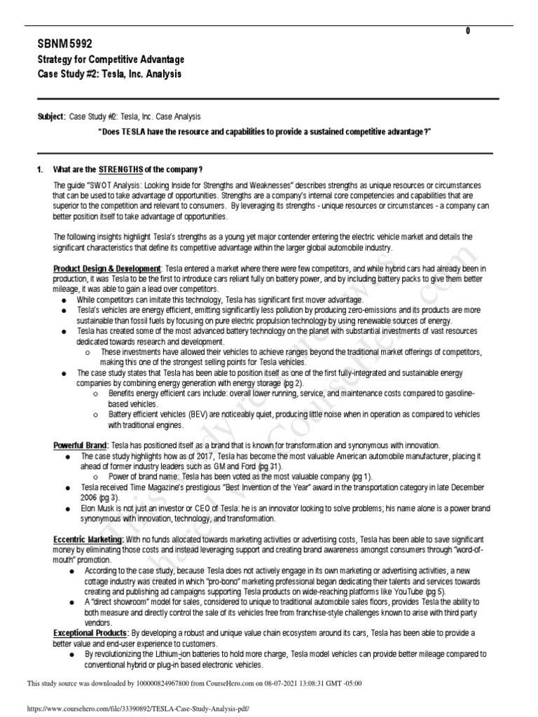TESLA Case Study Analysis PDF | PDF | Electric Vehicle | Car
