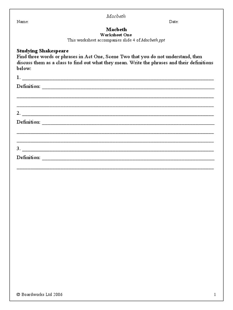 Macbeth Worksheets | Download Free PDF | Macbeth | Shakespearean Tragedies