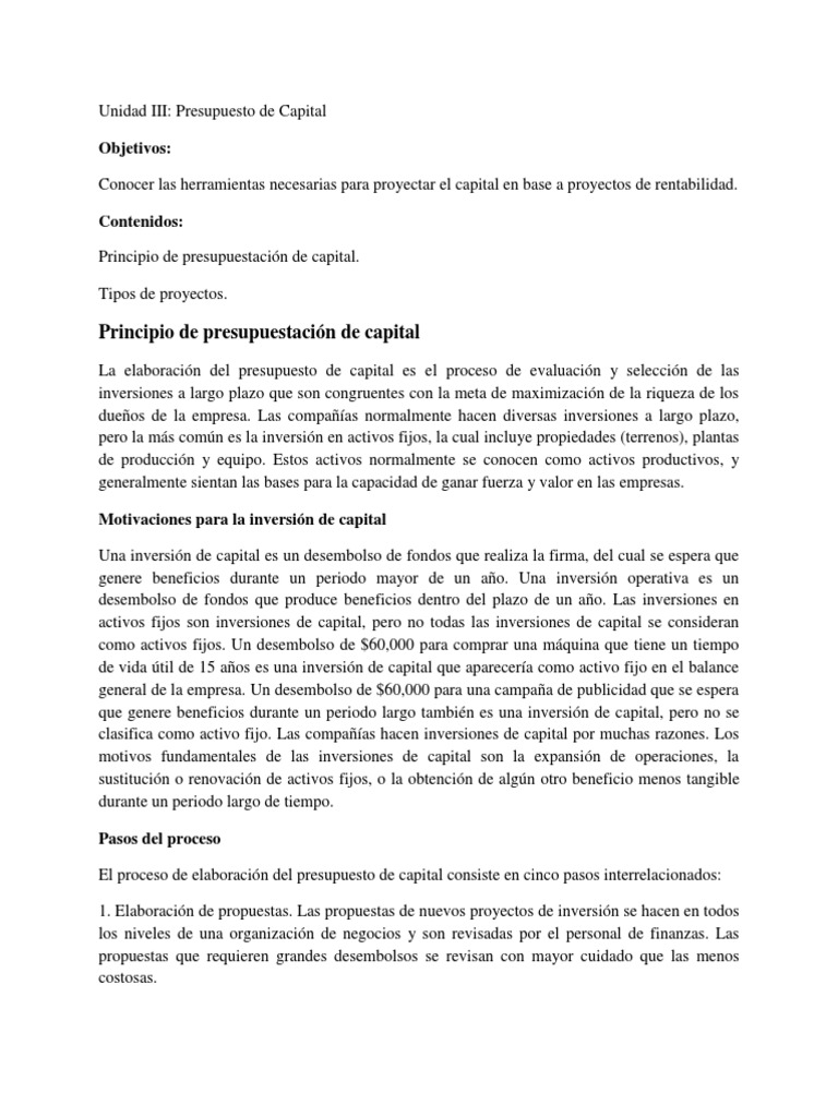 Presupuesto de Capital | PDF | Presupuesto | Inversiones