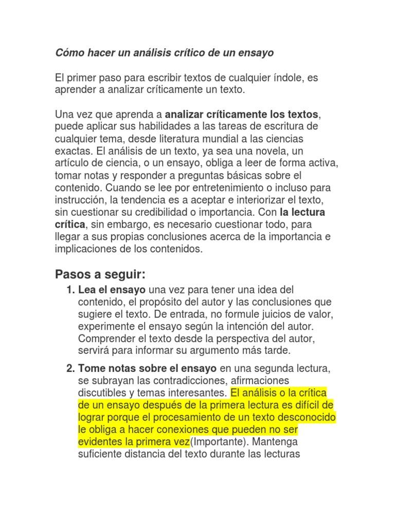 Cómo Hacer Un Análisis Crítico de Un Ensayo | PDF | Ensayos | Autor