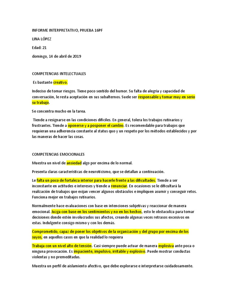 INFORME INTERPRETATIVO 16pf | PDF | Las emociones | Liderazgo
