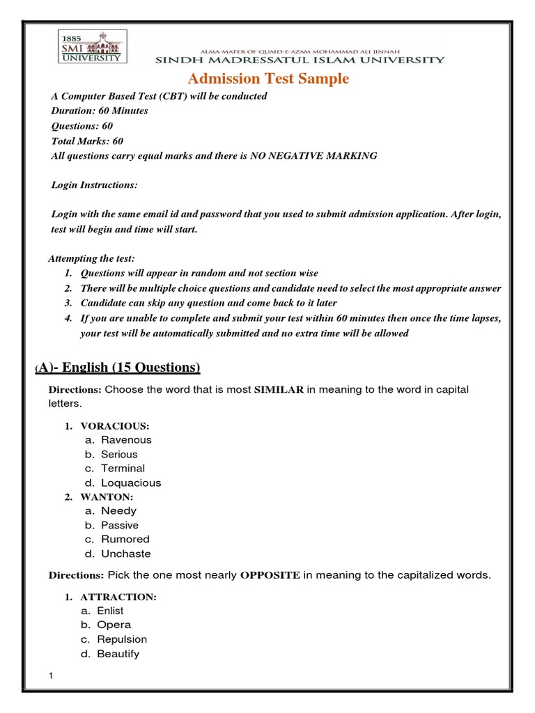 Admission Test Sample: A) - English (15 Questions) | PDF