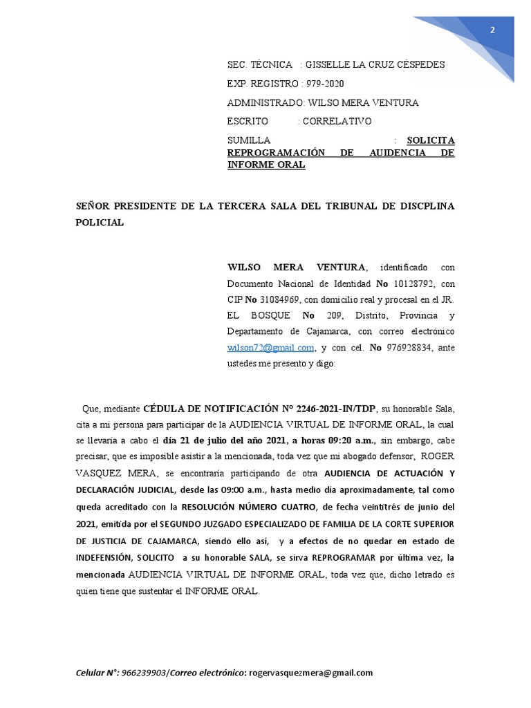 Solicita Reprogramación de Audiencia de Informe Oral | PDF | Justicia | Crimen y violencia