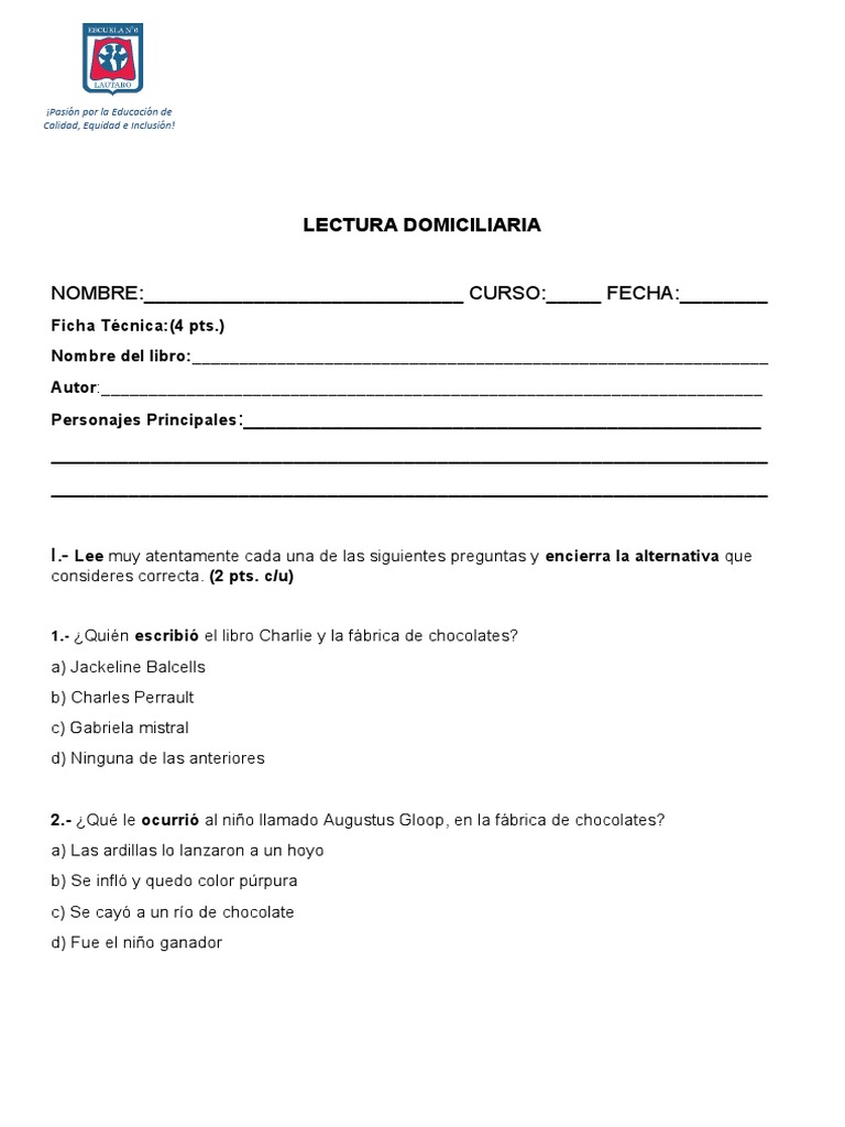 Actividades de Lectura: "Charlie y la Fábrica" | PDF
