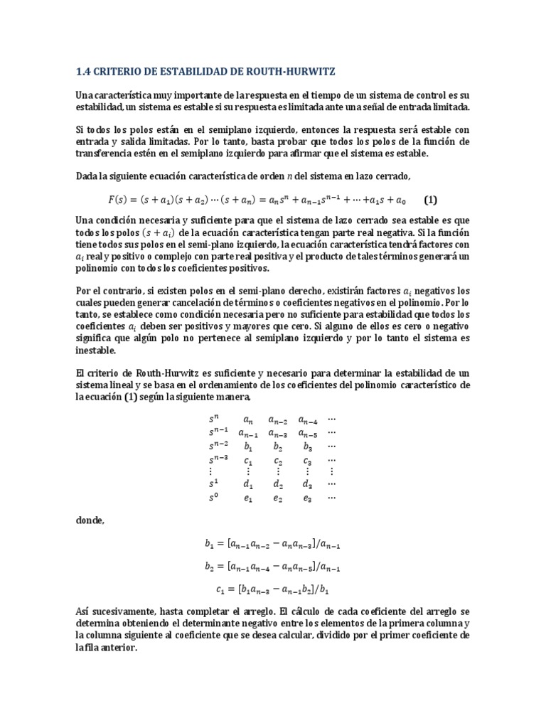 1.4 Criterio de Estabilidad de Routh-Hurwitz | PDF | Ecuaciones | Números