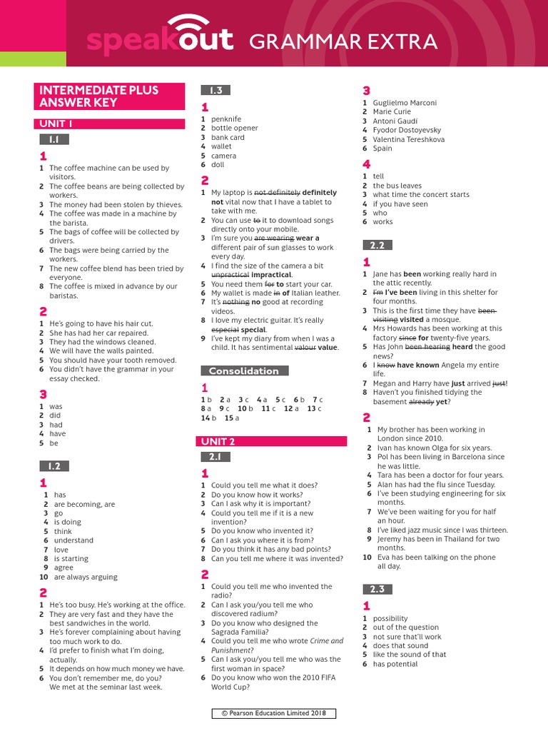 Speakout Grammar Extra Intermediate Plus Answer Key | PDF