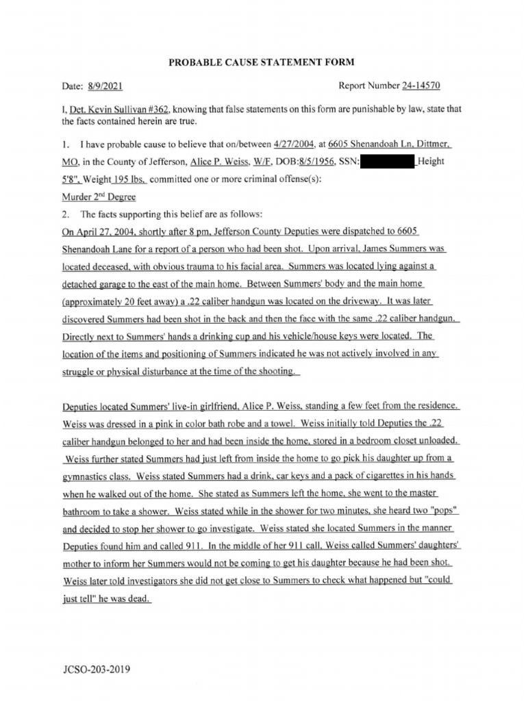 Alice Weiss Probable Cause Statement | PDF