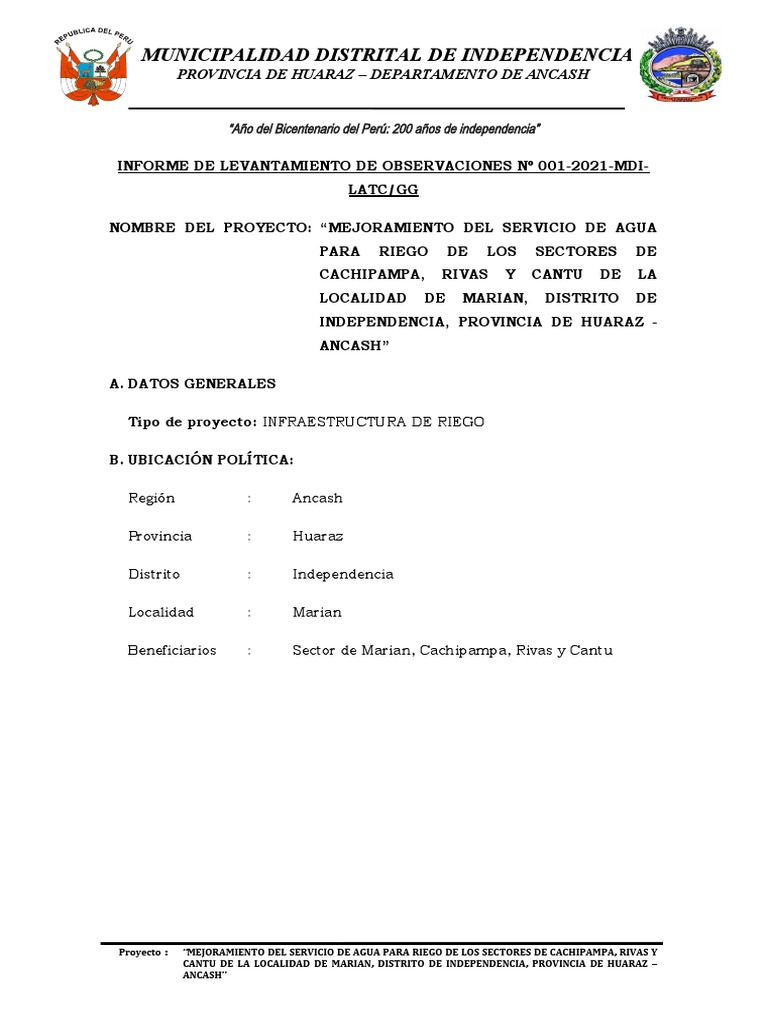 Informe de Levantamiento de Obs | PDF | Presupuesto | Riego