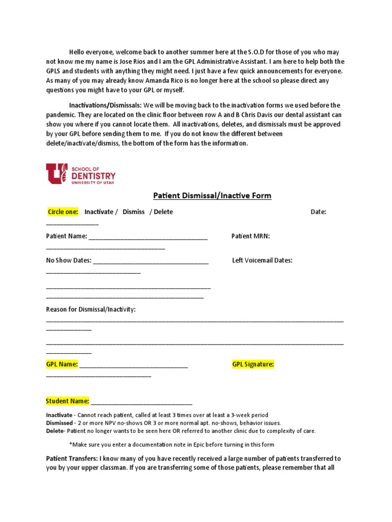 Patient Dismissal/Inactive Form | PDF | Patient | Mouth