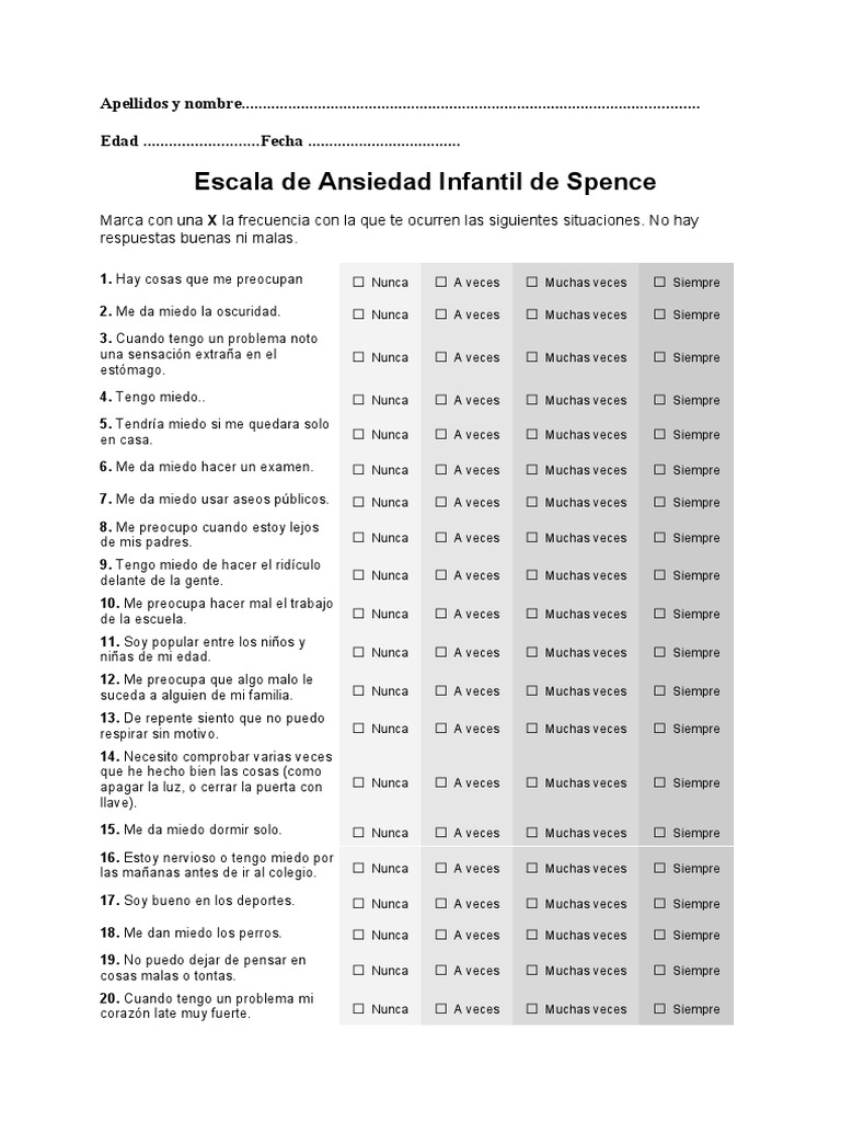 Escala de Ansiedad Infantil de Spence | PDF