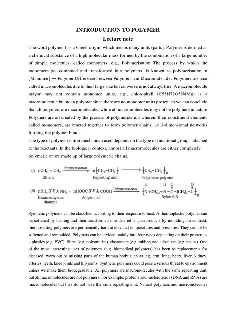 Polymer Note | PDF | Polymers | Thermoplastic
