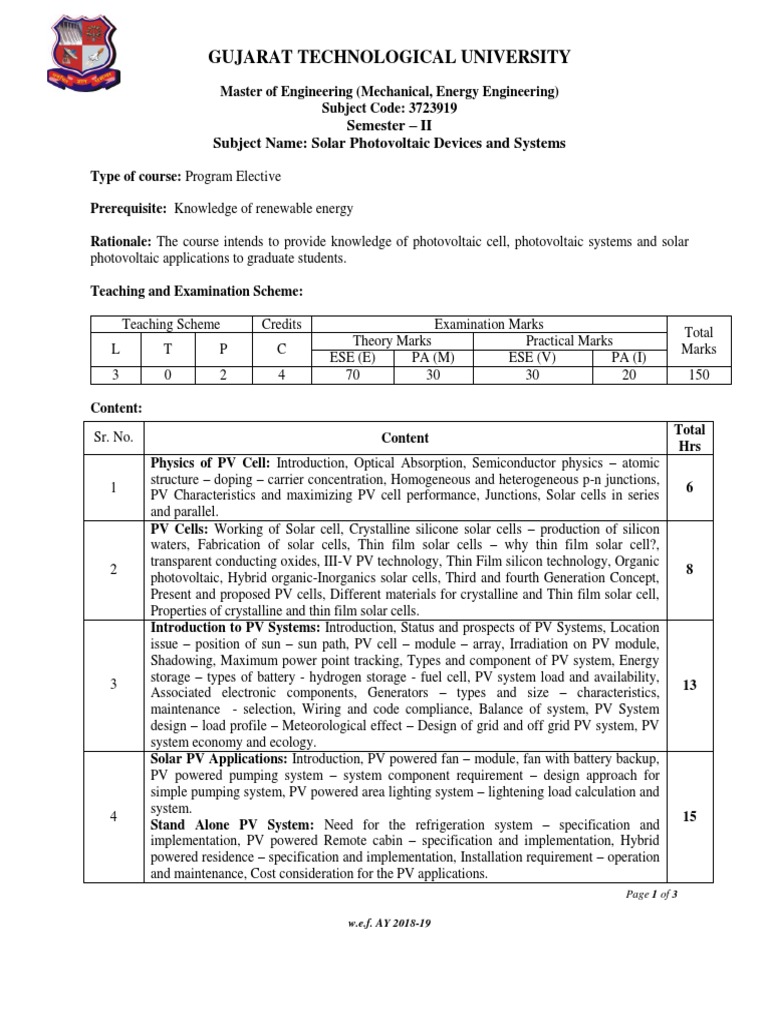 Gujarat Technological University: Semester - II Subject Name: Solar Photovoltaic Devices and ...